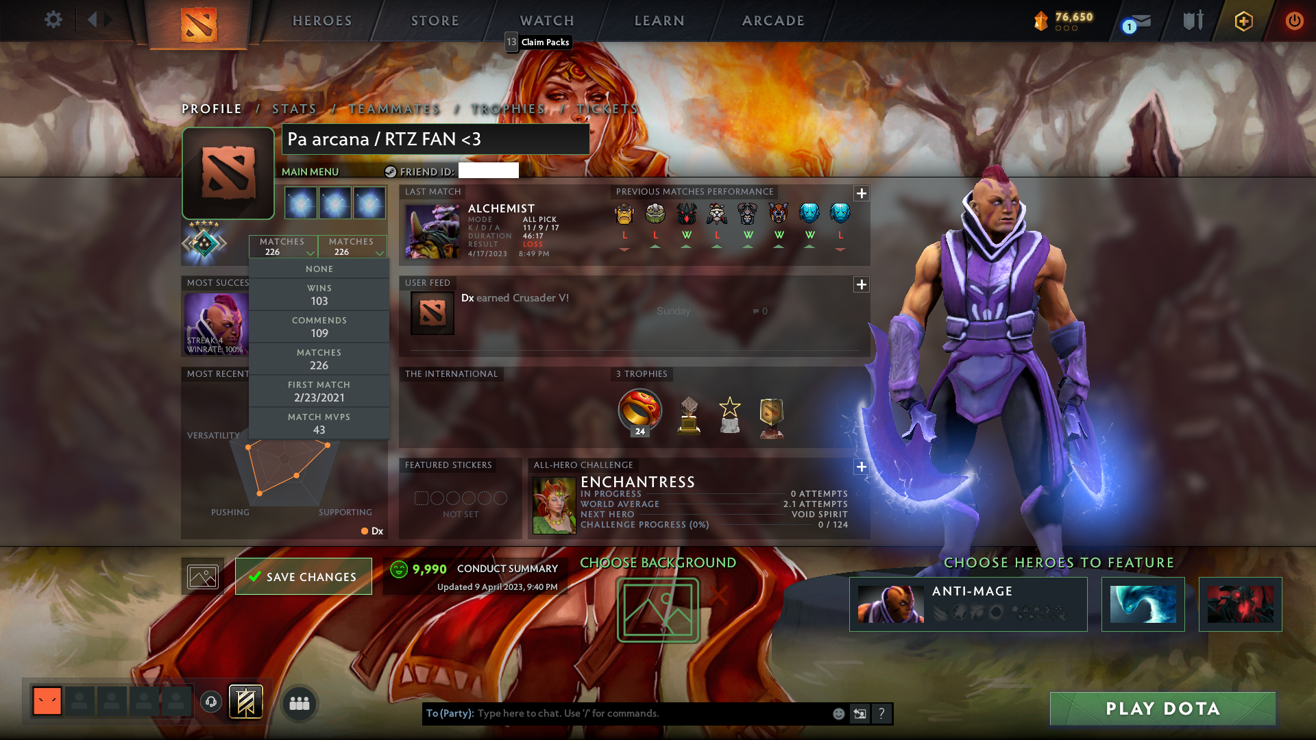 Crusader V | MMR: 2160 - Behavior: 9990 – VikingDOTA