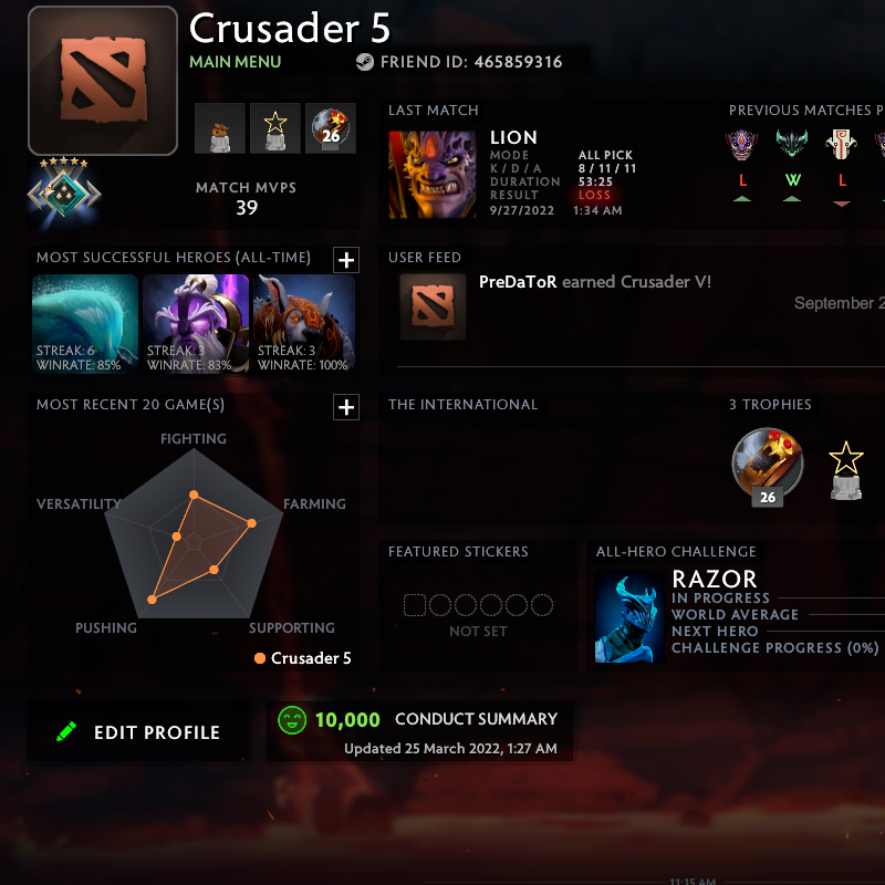 Crusader V | MMR: 2170 - Behavior: 10000 – VikingDOTA