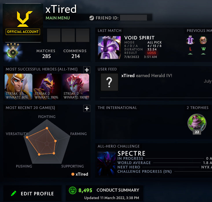 Herald V | MMR: 580 - Behavior: 8495 – VikingDOTA